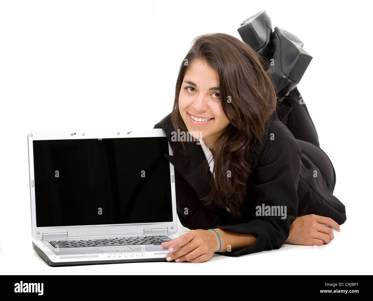 beautiful woman with laptop lying on the ground Stock Photo - Alamy