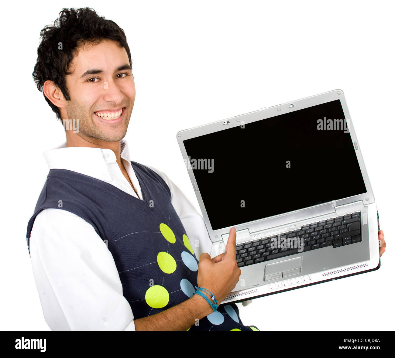 happy guy showing laptop Stock Photo - Alamy