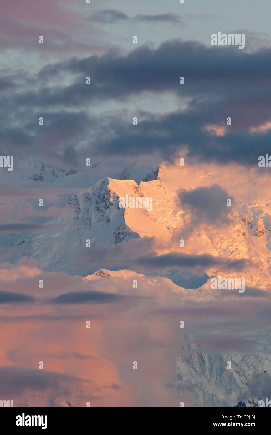 Denali National Park, Alaska, alpenglow illuminates Pioneer Ridge and ...