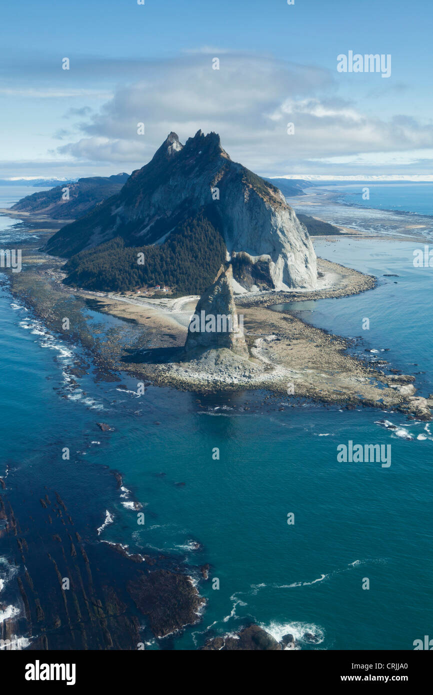 Gulf of Alaska, the lighthouse and rock pinnacle at Cape St. Elias on ...