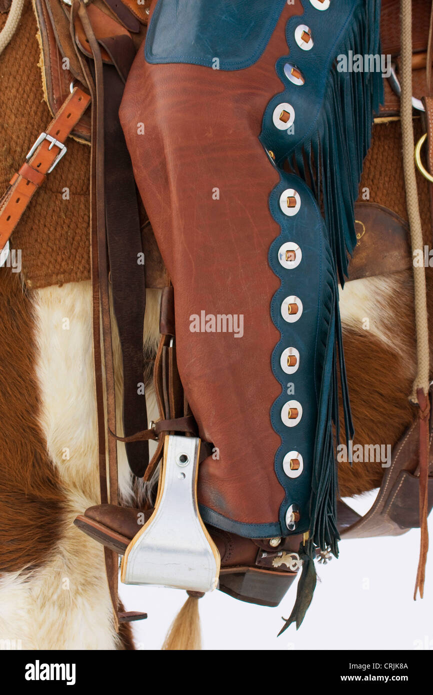 North America; USA; Wyoming; Shell; Cowboy on Horse wearing Leather ...