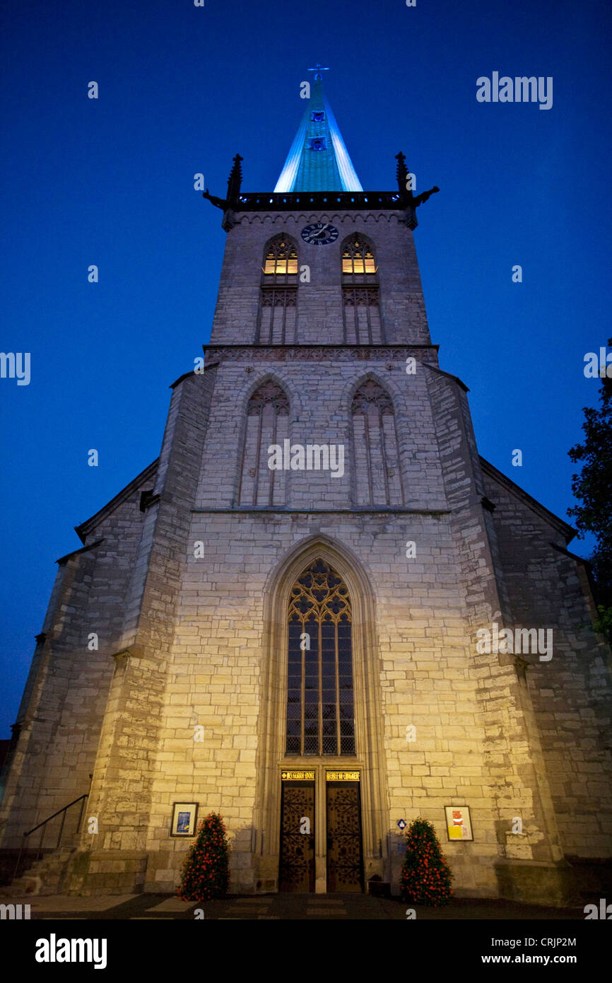 illuminated evangelic town church, Stadtkirche, Germany, North Rhine ...
