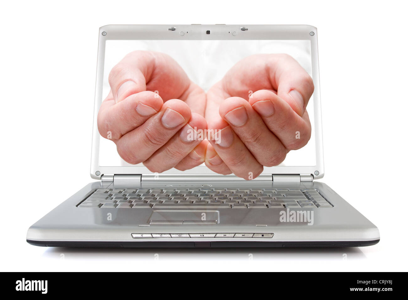 open palms coming out of the screen of a laptop Stock Photo - Alamy