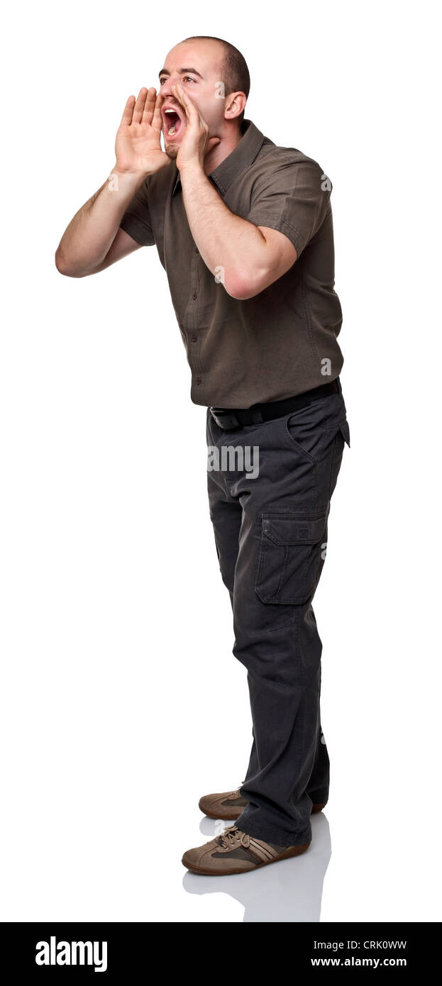 portrait of man in shout pose on white background Stock Photo - Alamy