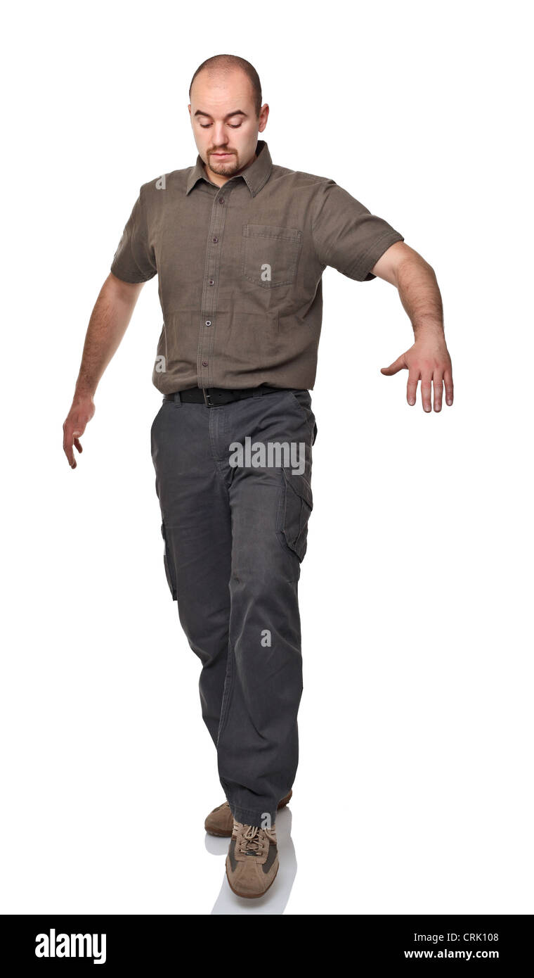worry man try to make step isolated on white Stock Photo - Alamy