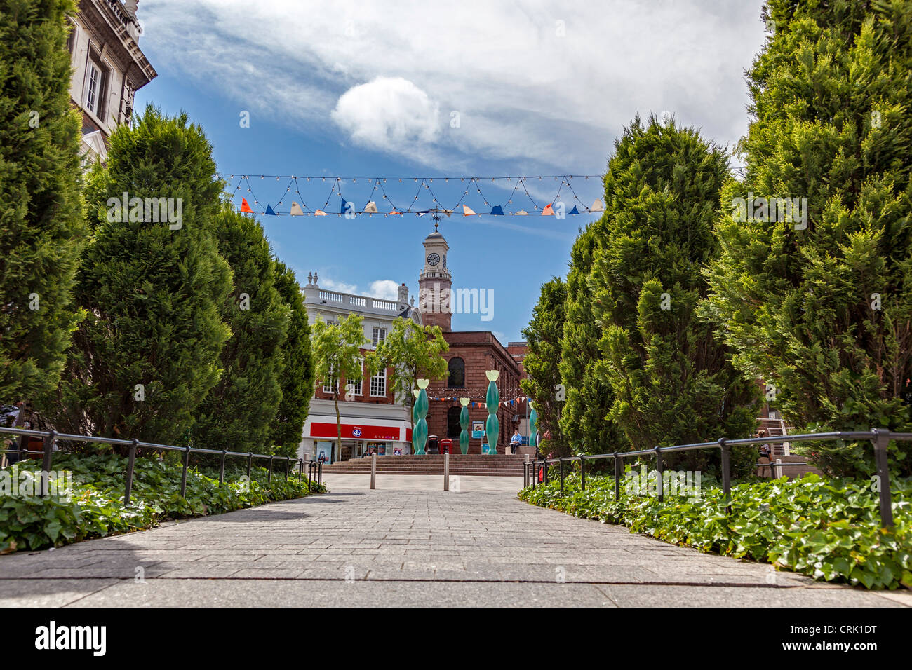 Warrington Town Centre with water feature and The Church of the Holy ...