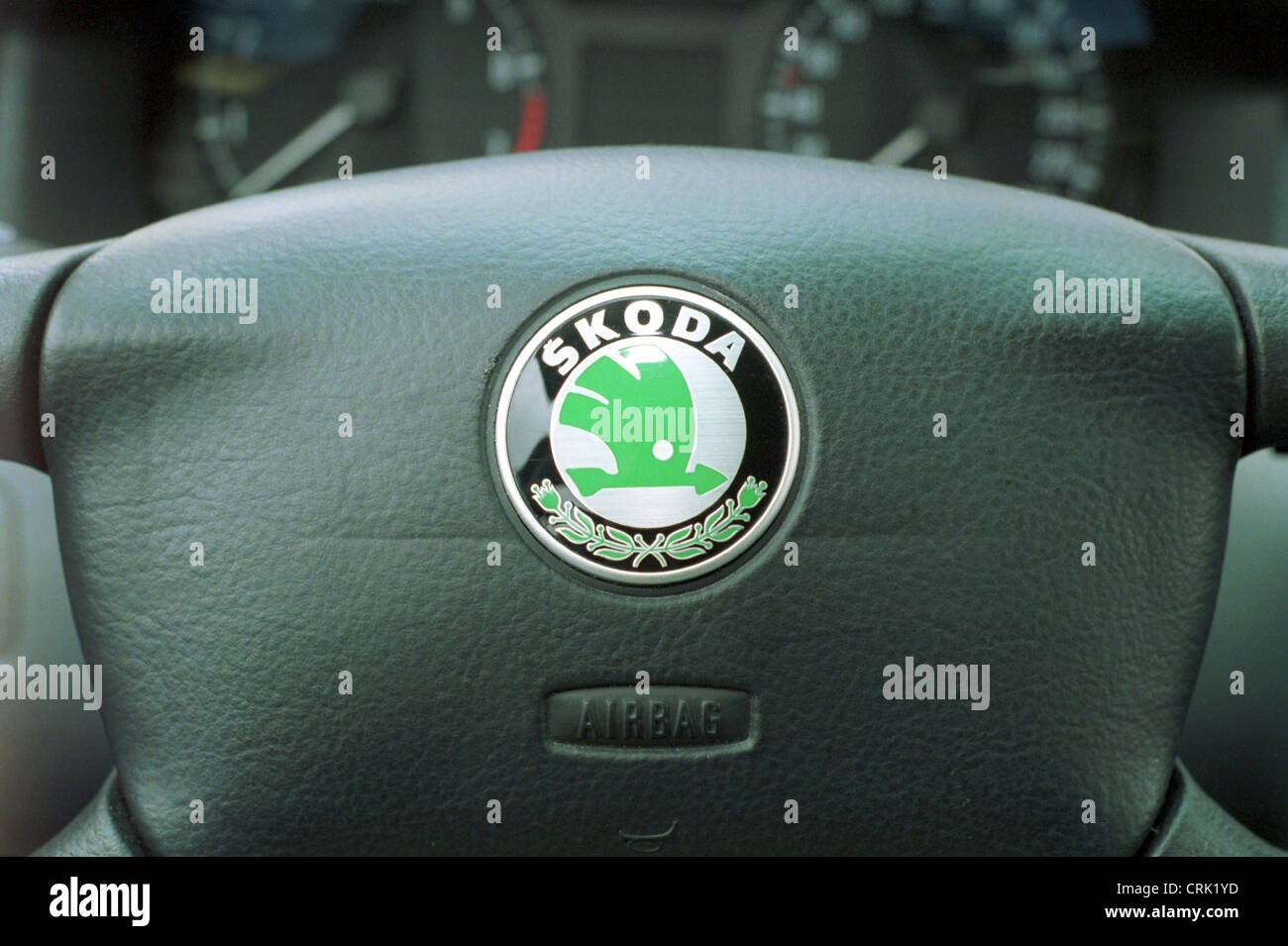 Car steering wheel with the emblem of the Czech car manufacturer Skoda Stock Photo Alamy