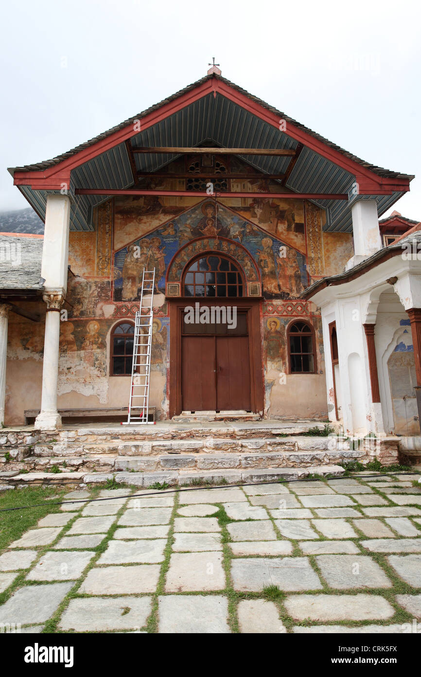 A ladder stands by the refectory of the Great Lavra Monastery, Mount ...