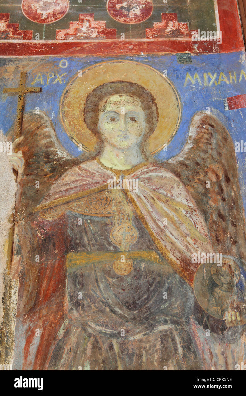 Angel fresco on a wall at the Great Lavra Monastery, Mount Athos ...