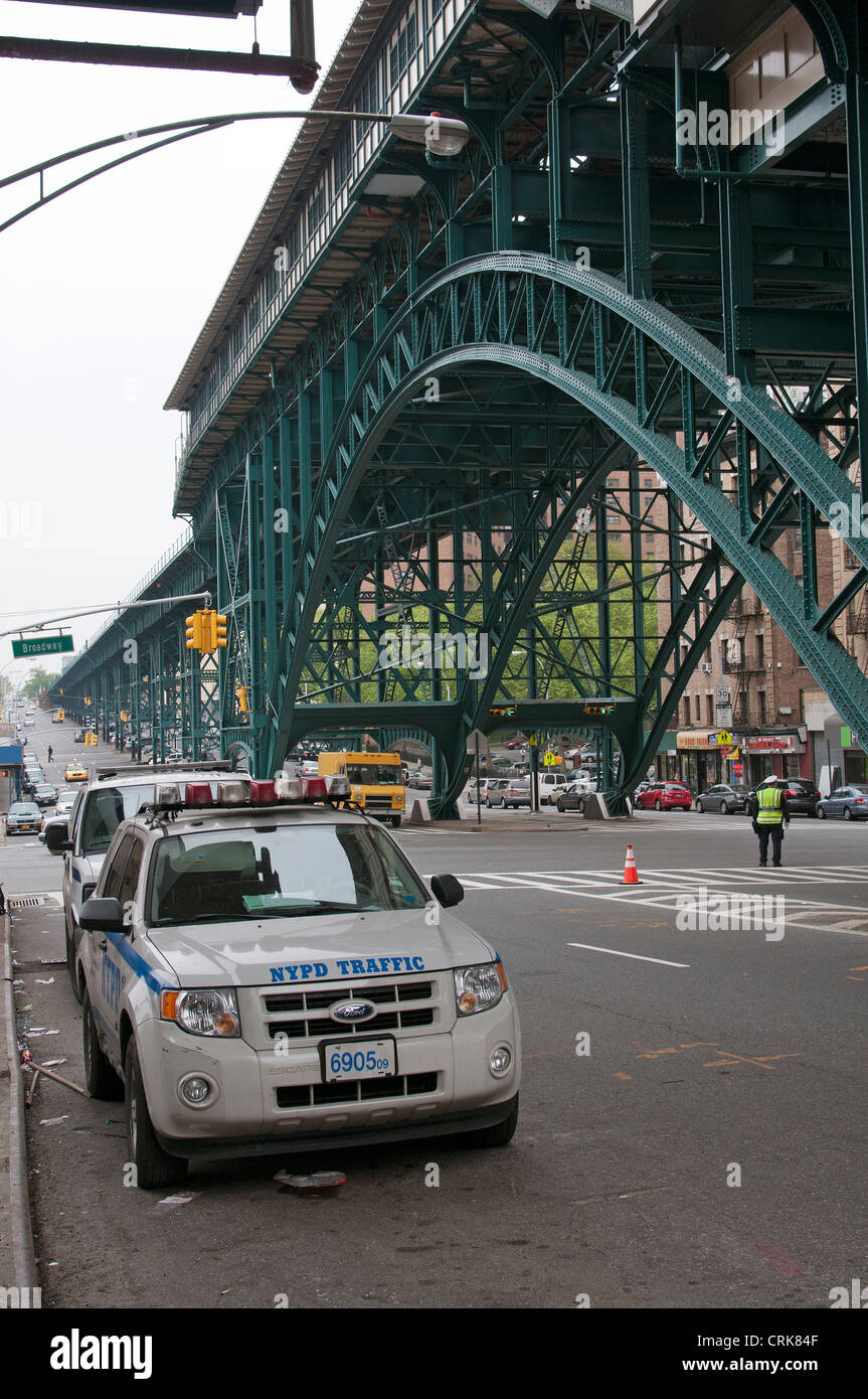 NYPD police car on Broadway close to Morningside overhead railroad New ...
