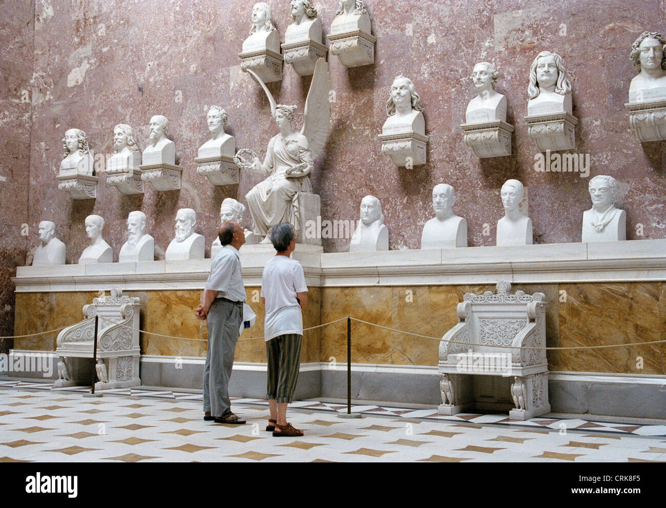 Visitors stand in front Marmorbuesten in Valhalla Stock Photo - Alamy