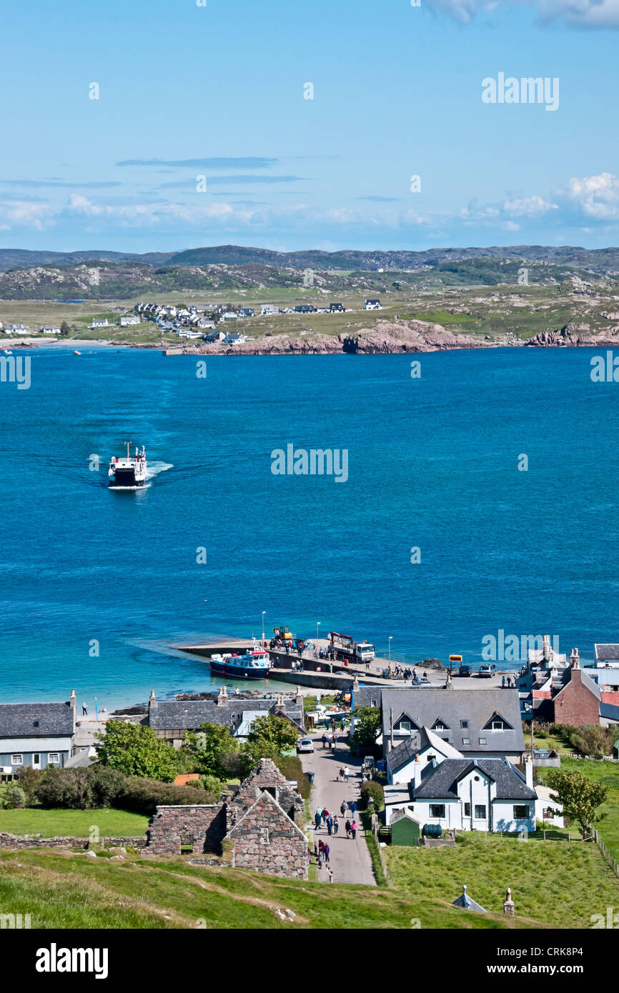 A view across Iona Sound to Mull in Scotland with town Baile Mor in the ...