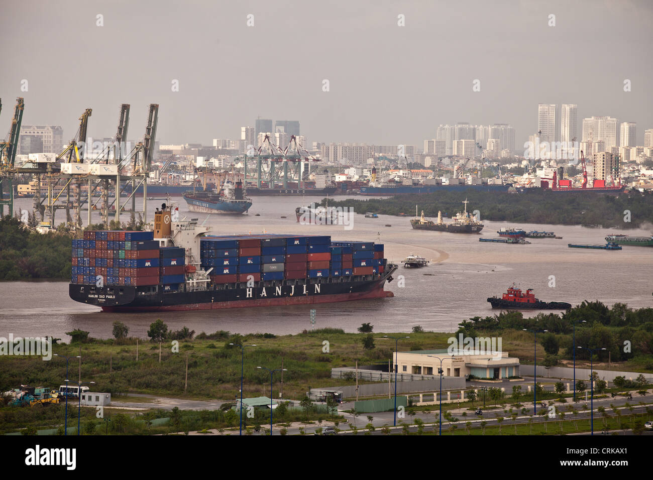 Container vessel approaching the port of Saigon. View above the Harbor ...