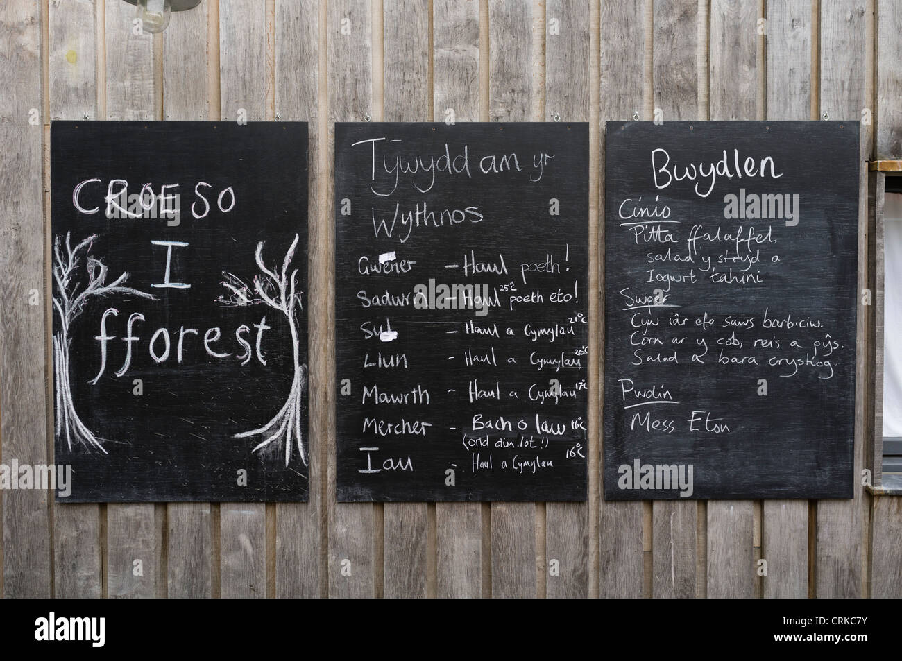 Bilingual welsh english notices on blackboard at Fforest outdoor ...