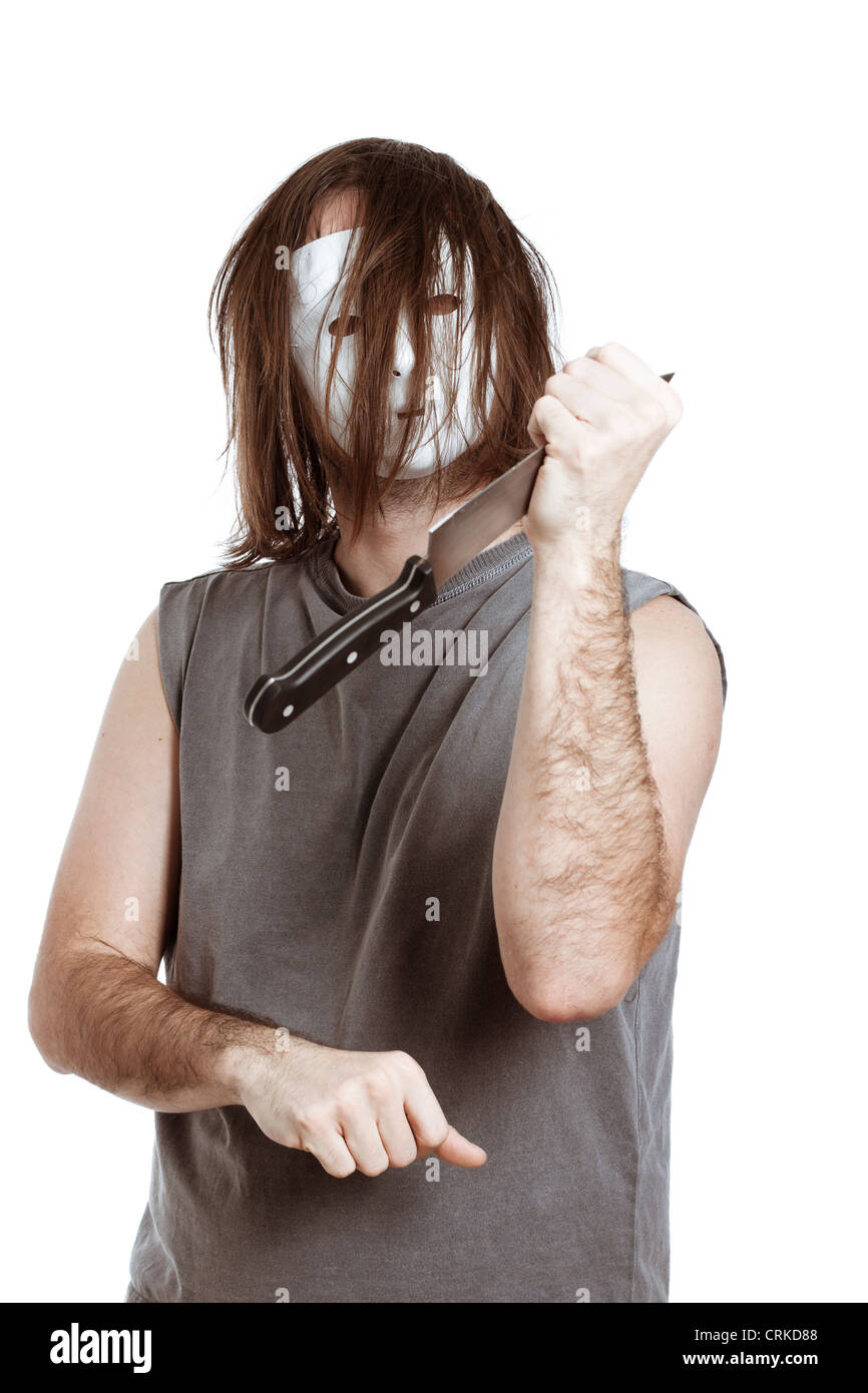 Scary bizarre man with knife, isolated on white background Stock Photo ...