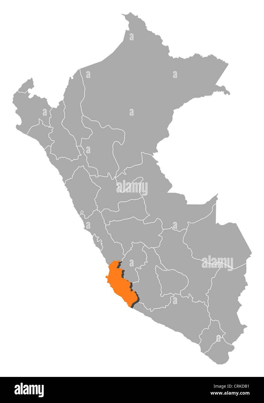 Political map of Peru with the several regions where Ica is highlighted ...