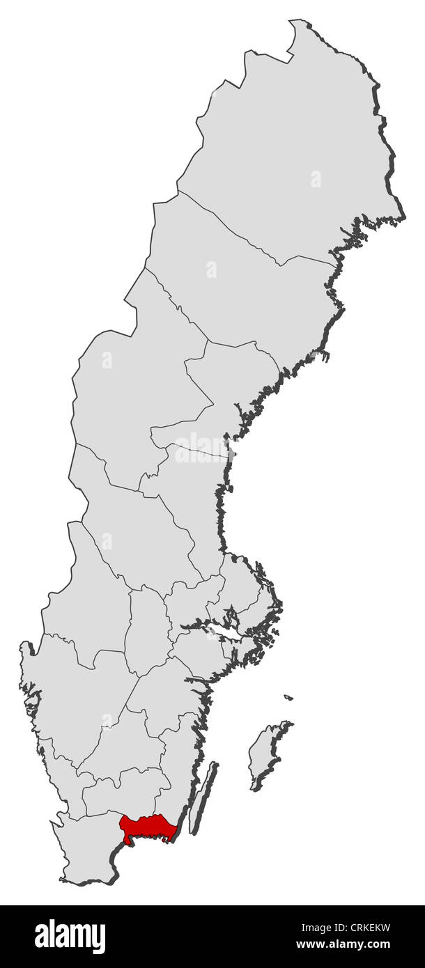 Political map of Sweden with the several provinces where Blekinge ...