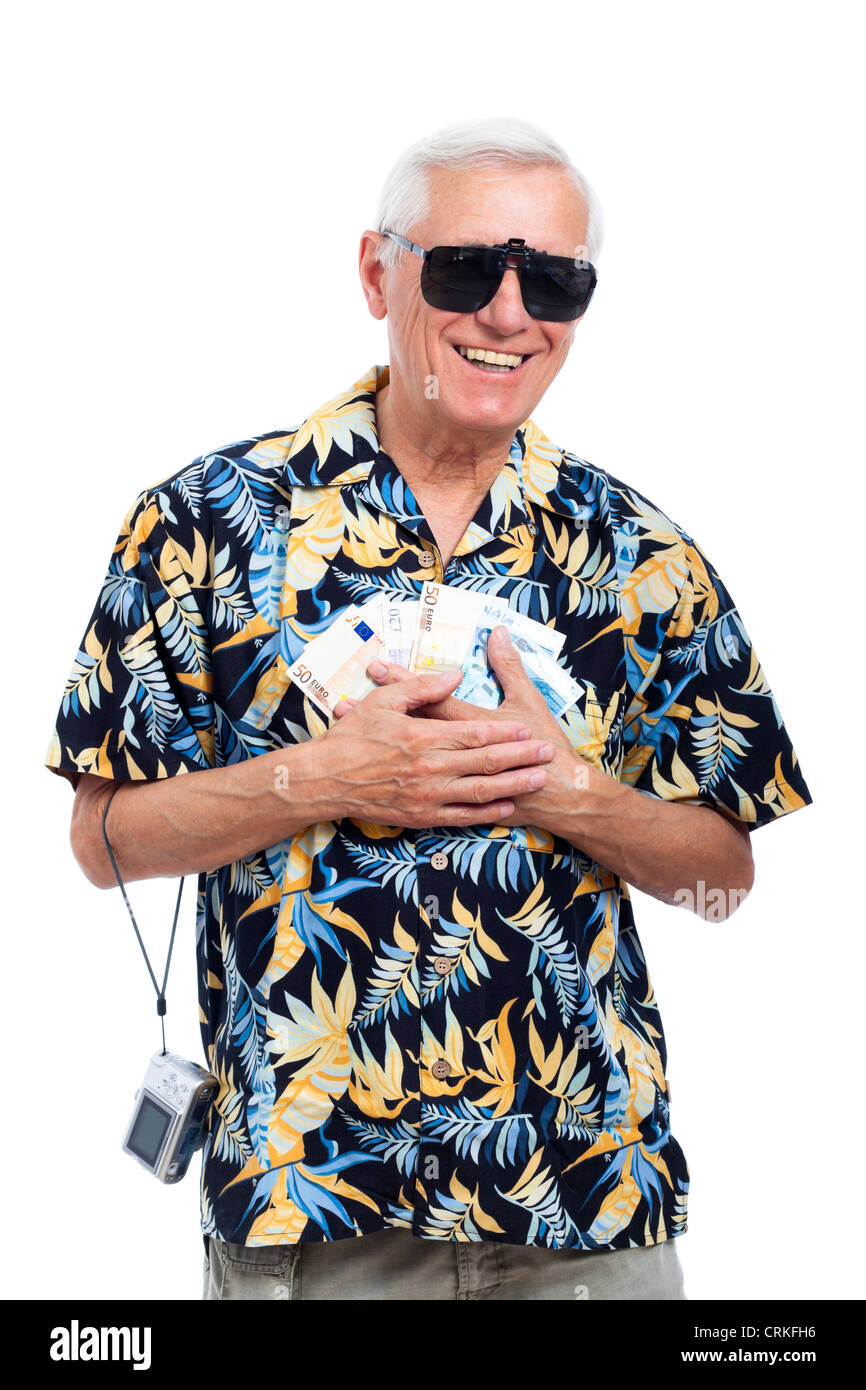 Happy rich senior tourist with money, isolated on white background ...