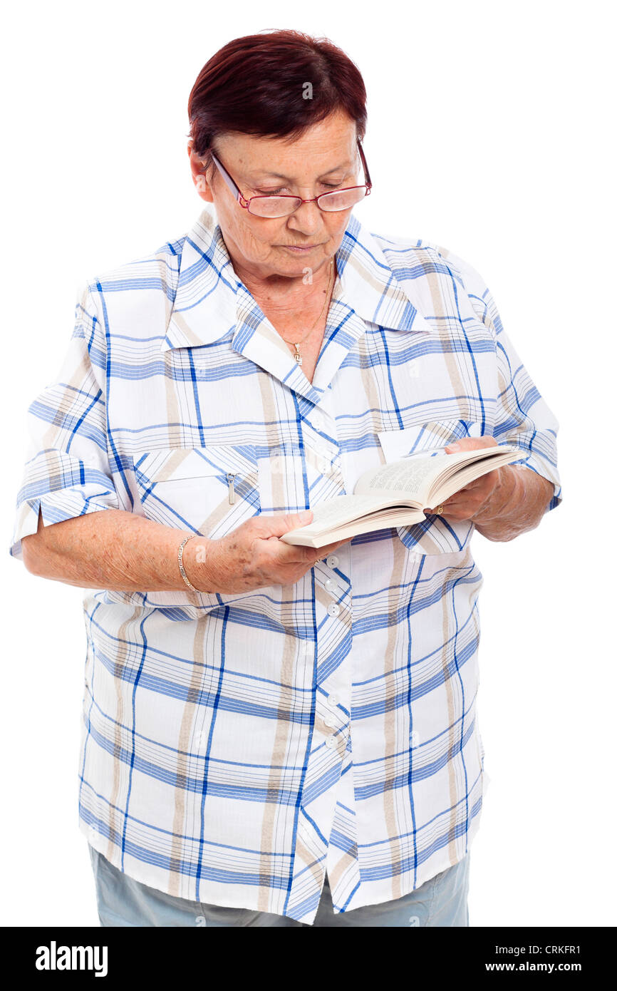 Elderly woman reading book, isolated on white background Stock Photo ...