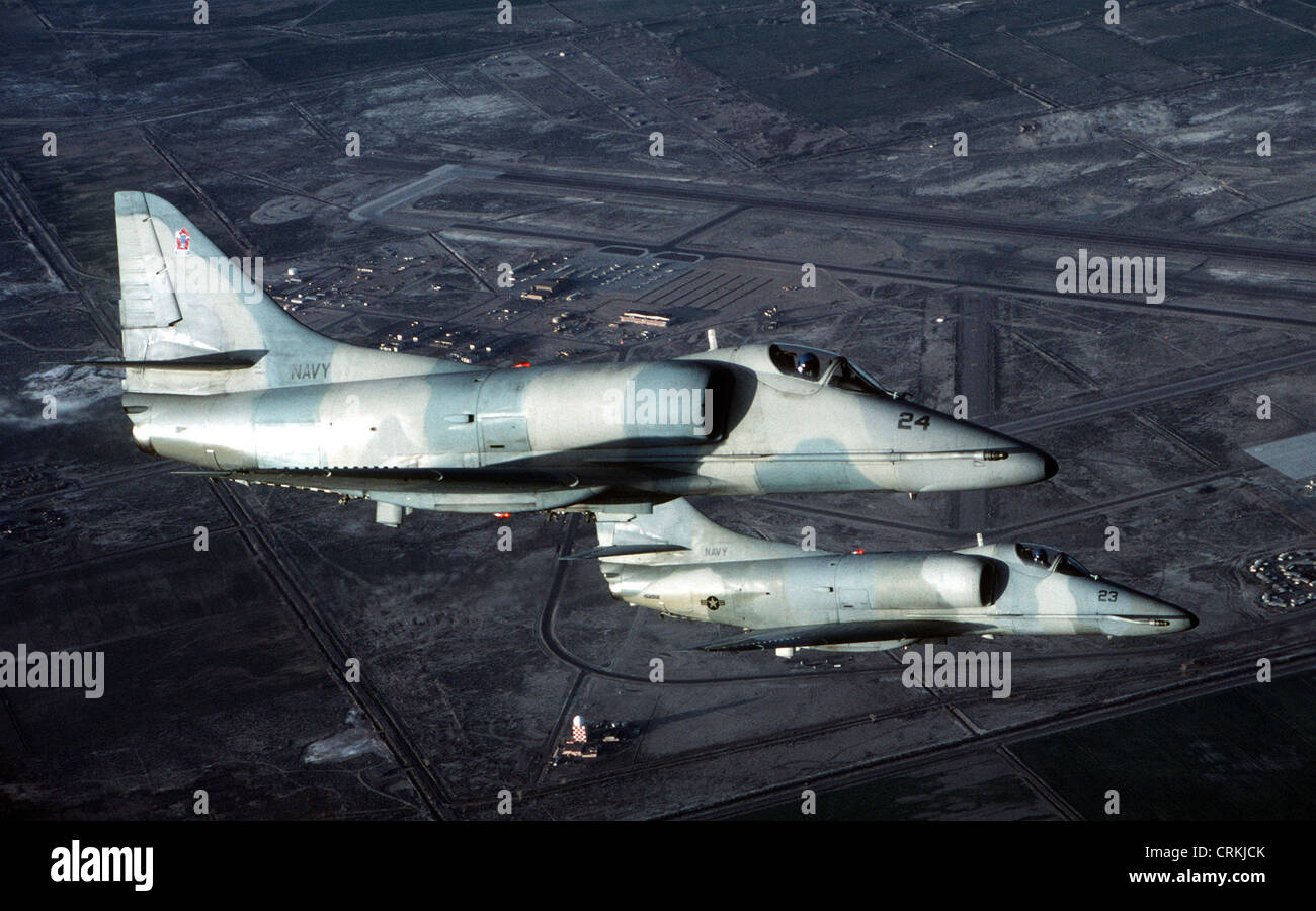 Two U.S. Navy Douglas A-4E Skyhawk fighters from Fighter Squadron VF-43 ...