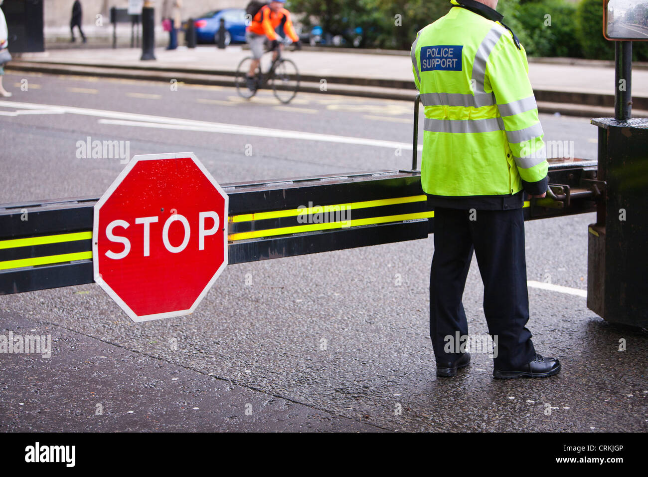 Policing barriers set up around the Houses of Parliament in London to ...