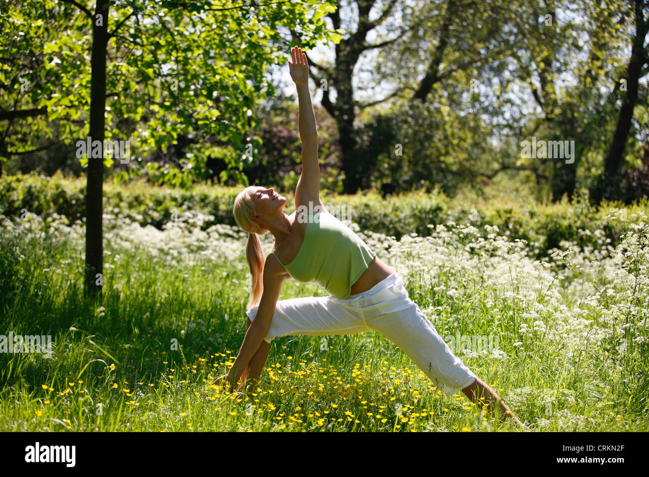 A young woman practicing yoga outside, triangle pose Stock Photo - Alamy
