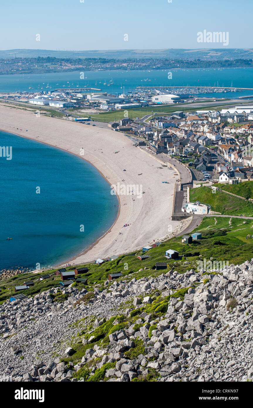 View across Chiswell and West Bay from the Isle of Portland in Dorset ...
