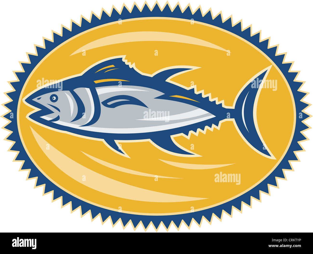 Illustration of a blue fin tuna side view set inside ellipse done in ...