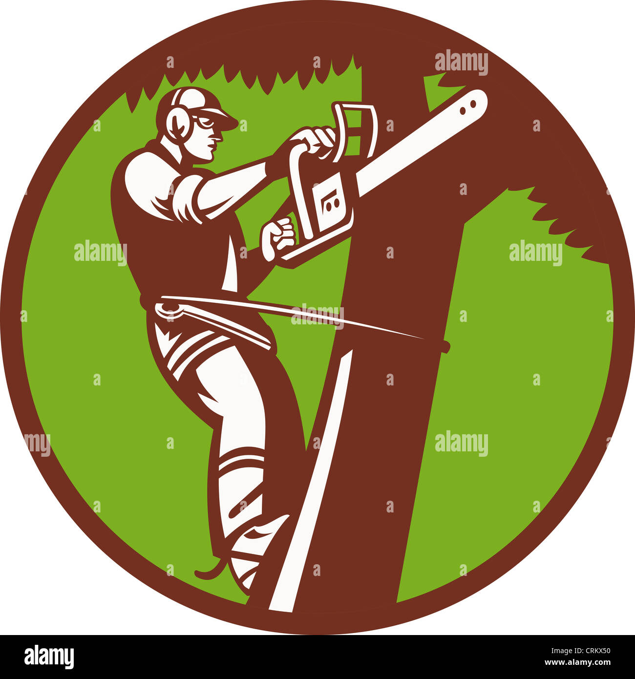 Illustration of a tree surgeon arborist trimmer pruner cutting with ...