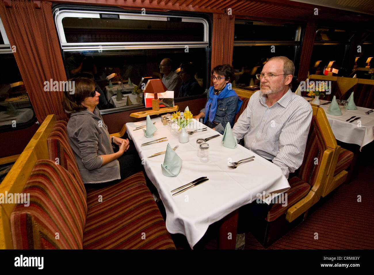Switzerland, Canton Valais, Glacier express, lunch time in the dining ...