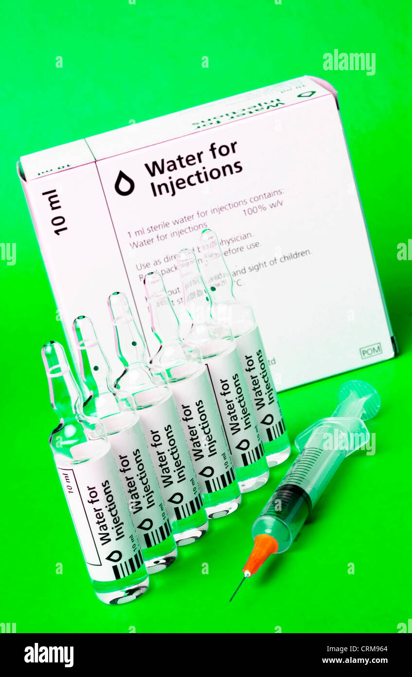 A syringe, glass ampoules containing water for injection and packaging ...