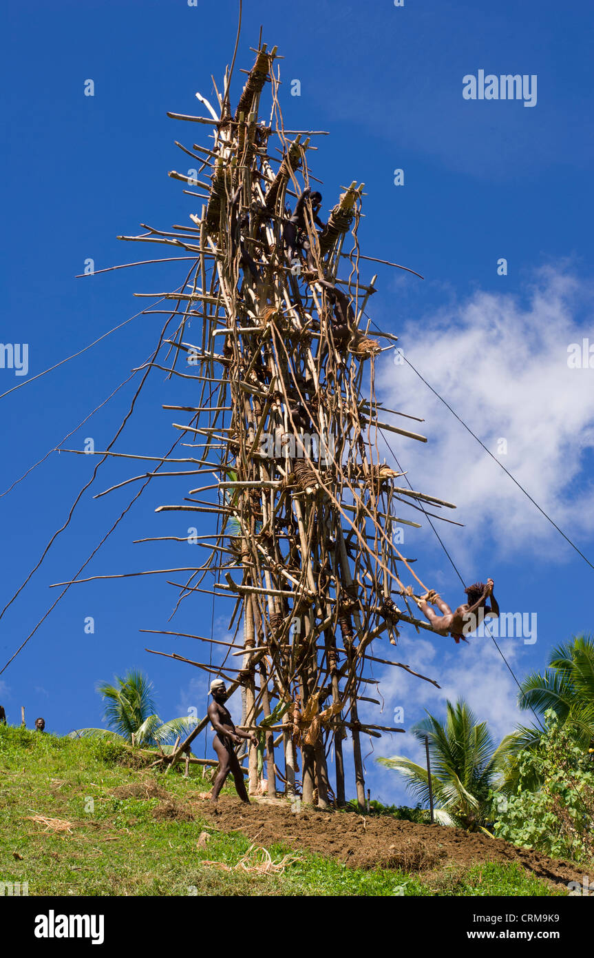 Man jumping from a tower, Nagol land-diving ceremony, Pentecost Island ...