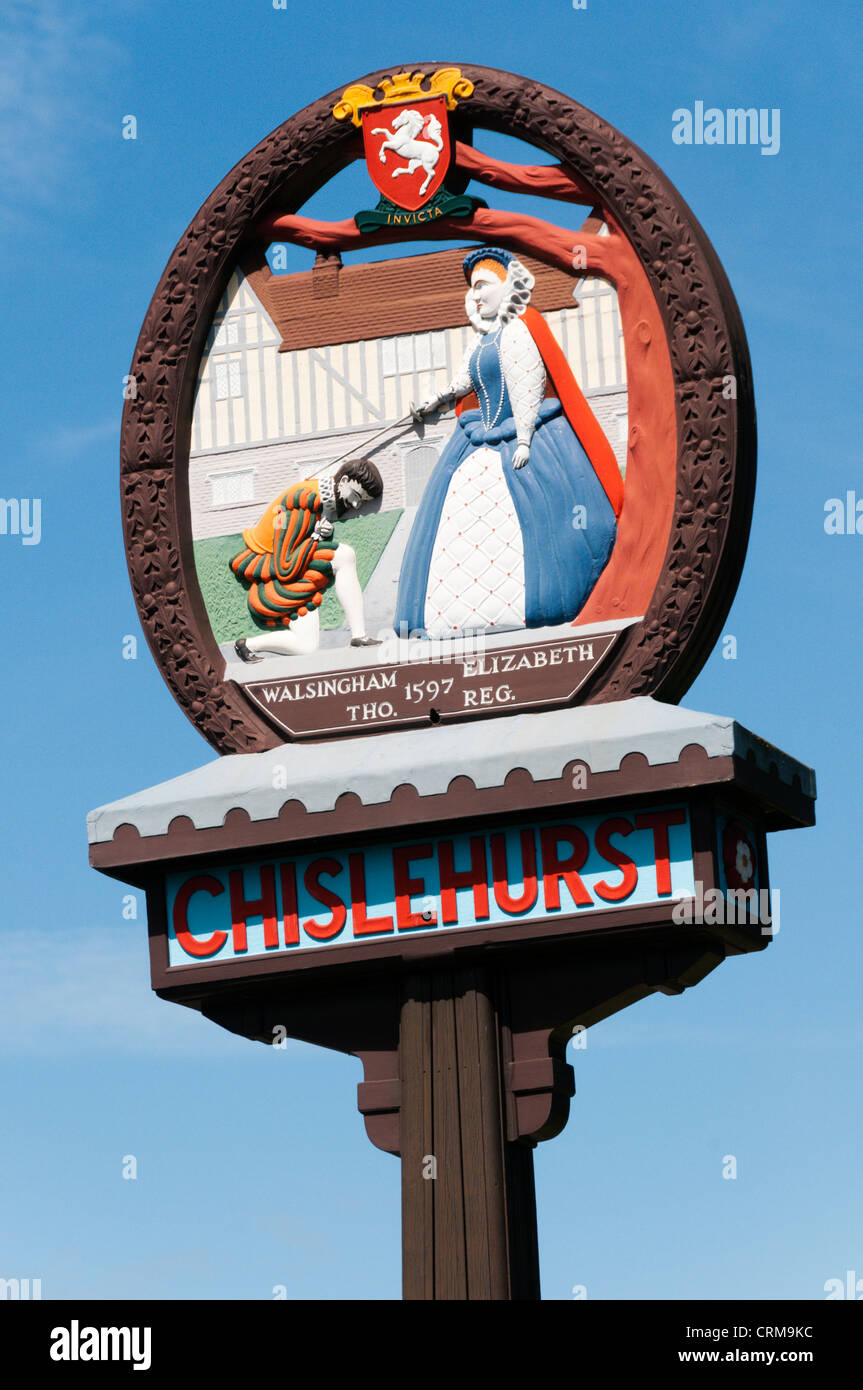 Chislehurst town sign shows Elizabeth I knighting Thomas Walsingham ...