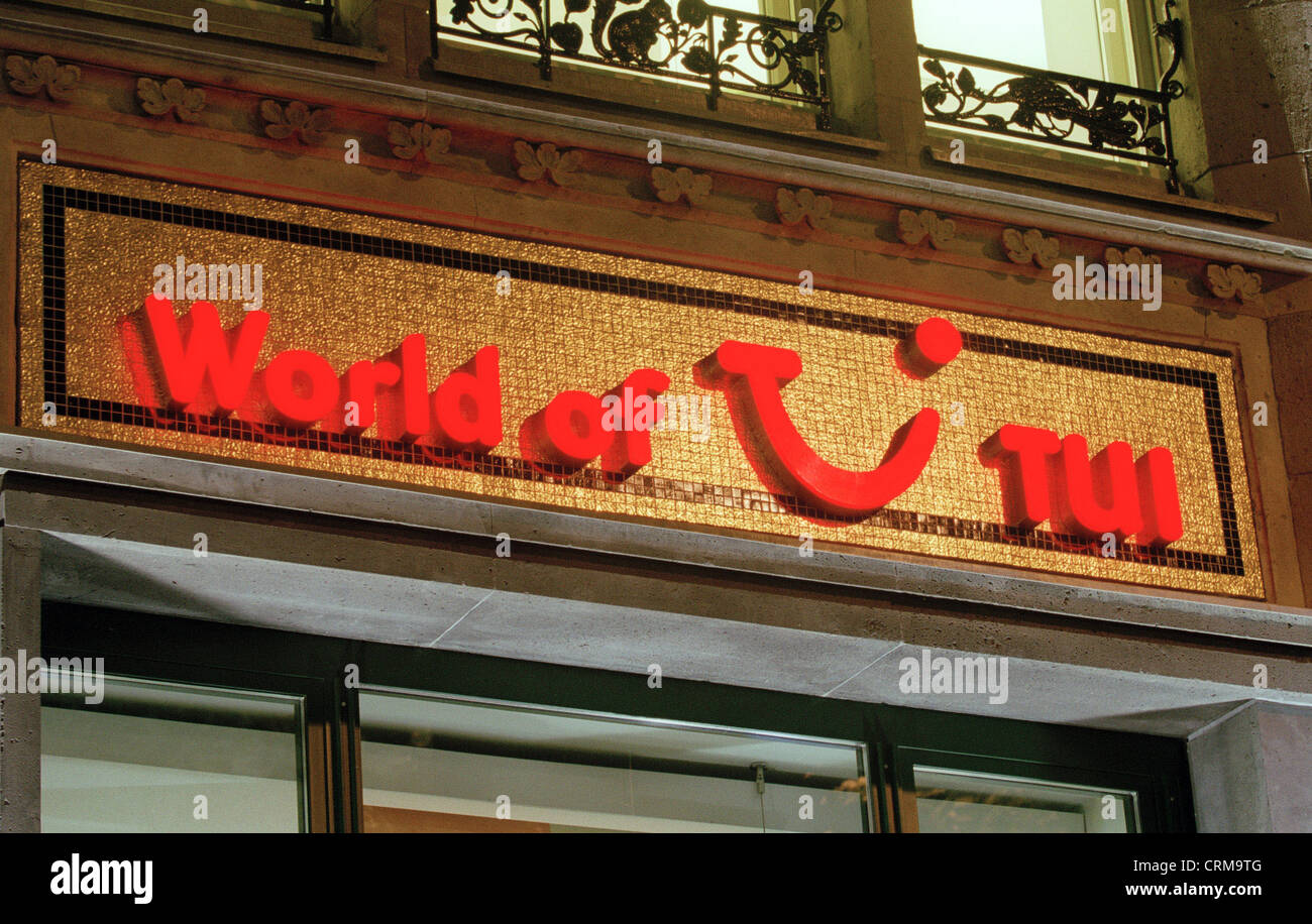 The illuminated logo World of TUI at night Stock Photo - Alamy