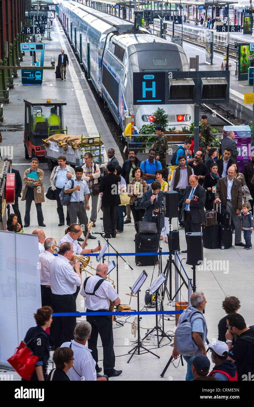 Crowd Tourists watching on Quay inside Train Station, T.G.V. Bullet ...