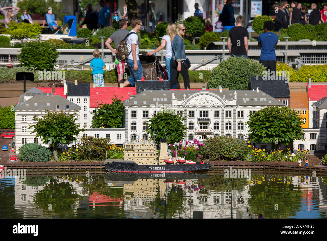 Tourists passing Lego buildings, Miniland, Legoland, Billund, Denmark ...