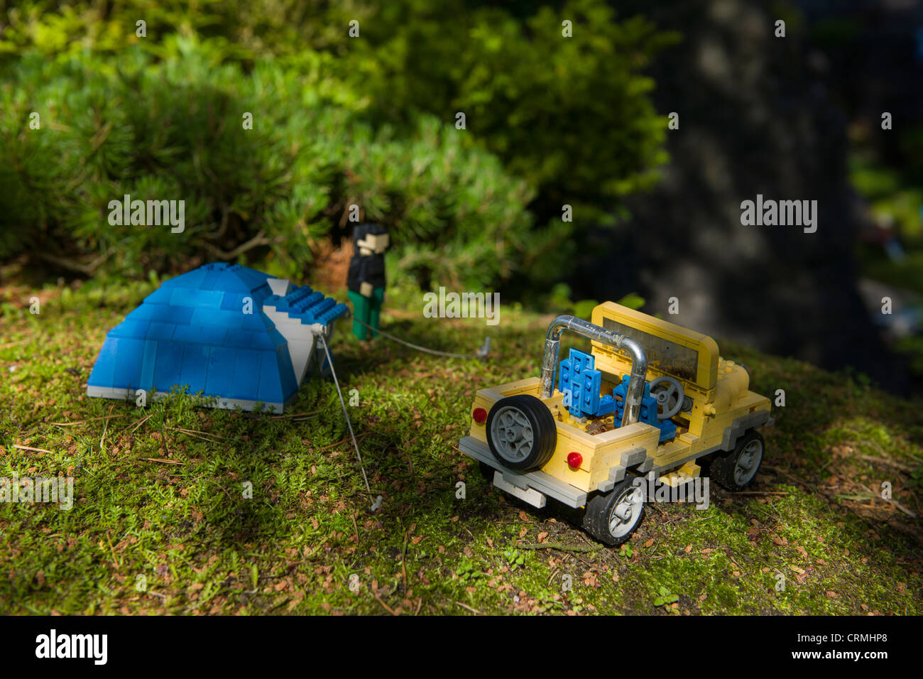 Detail of Lego tent and jeep at Miniland, Legoland, Billund, Denmark ...