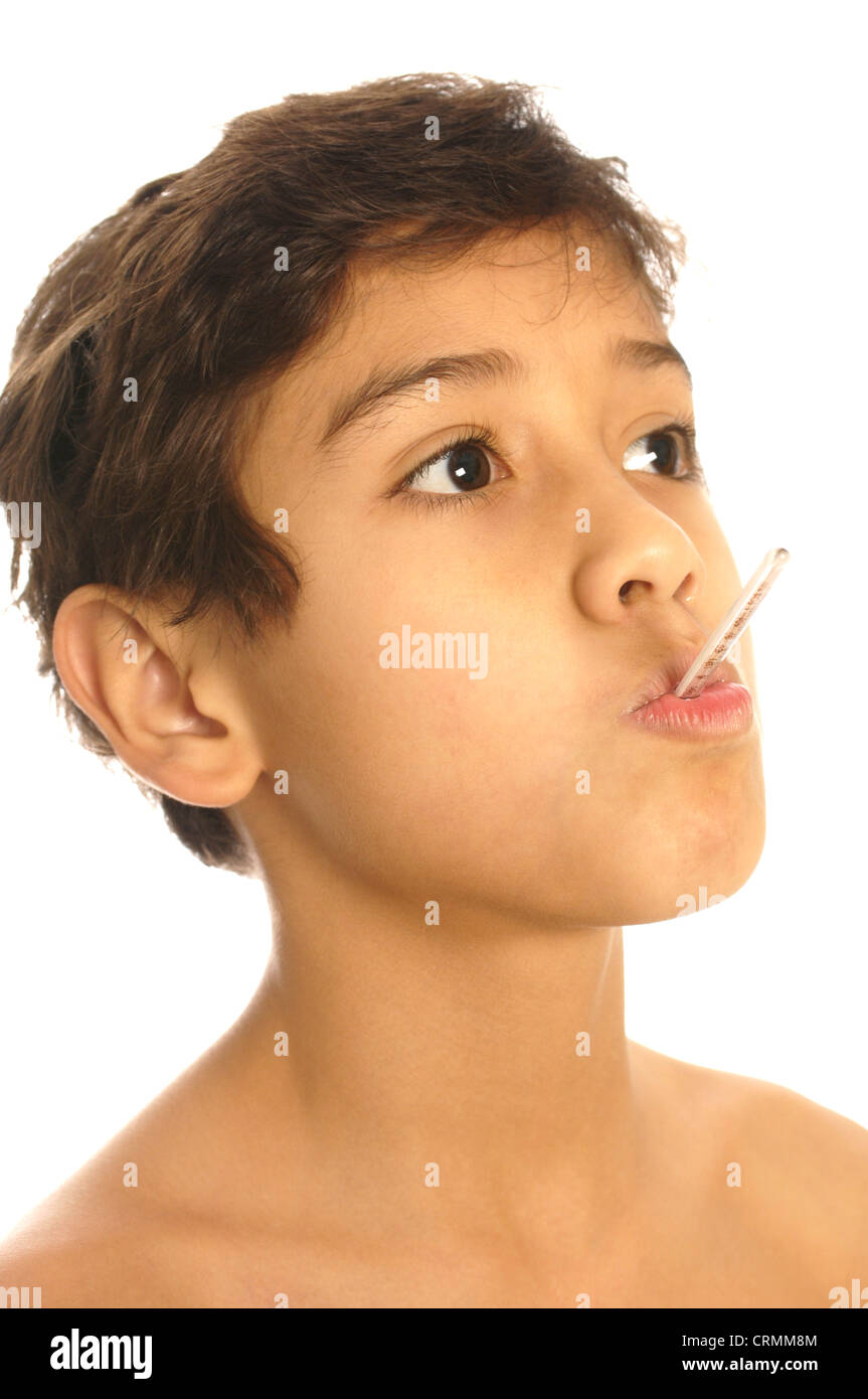 A young having his temperature checked, using a thermometer Stock Photo ...