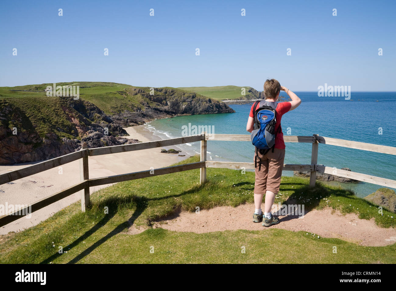 Sango Bay Durness Sutherland Scotland May Female walker looking out ...