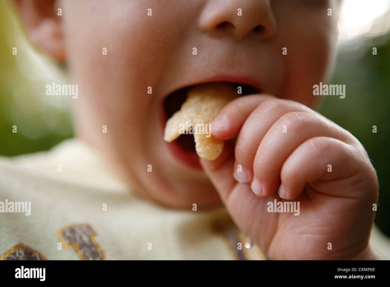 A baby nibbles on an unhealthy potato crisp Stock Photo - Alamy