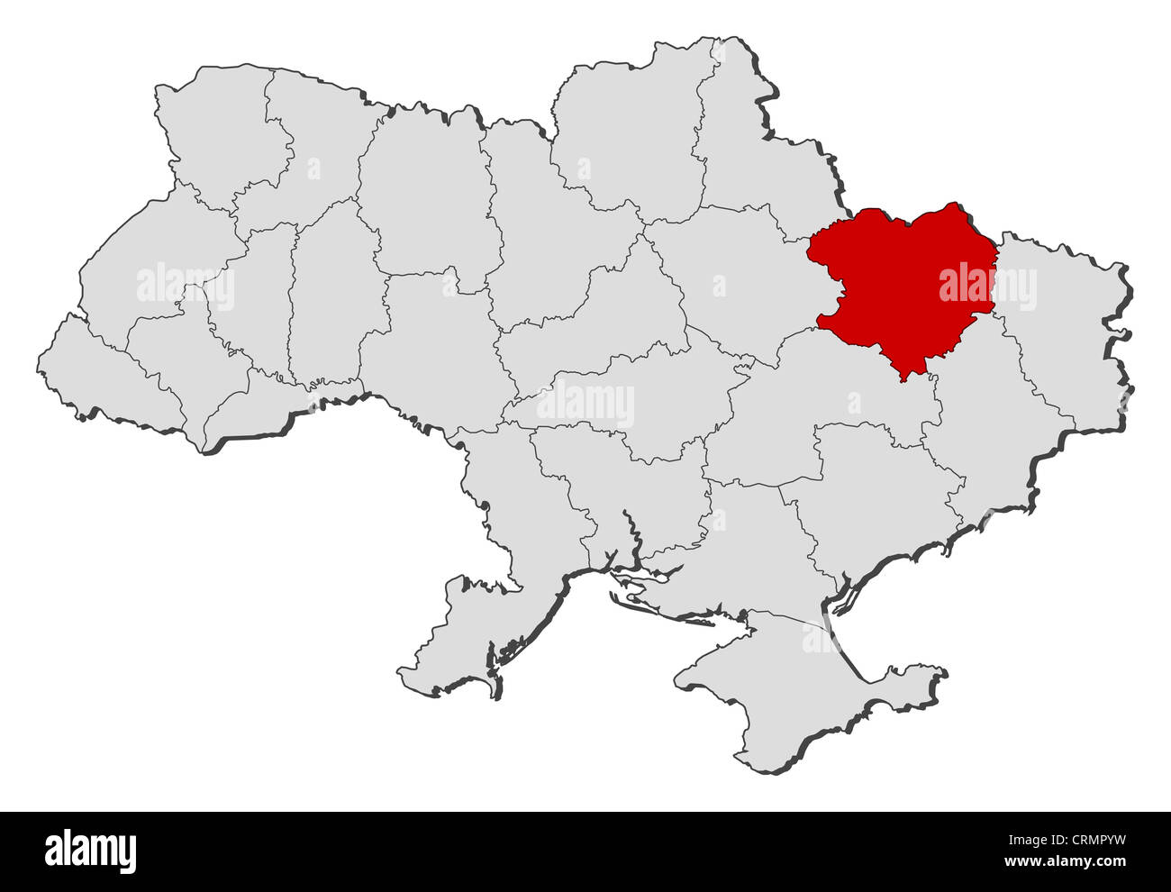 Political map of Ukraine with the several oblasts where Kharkiv is ...