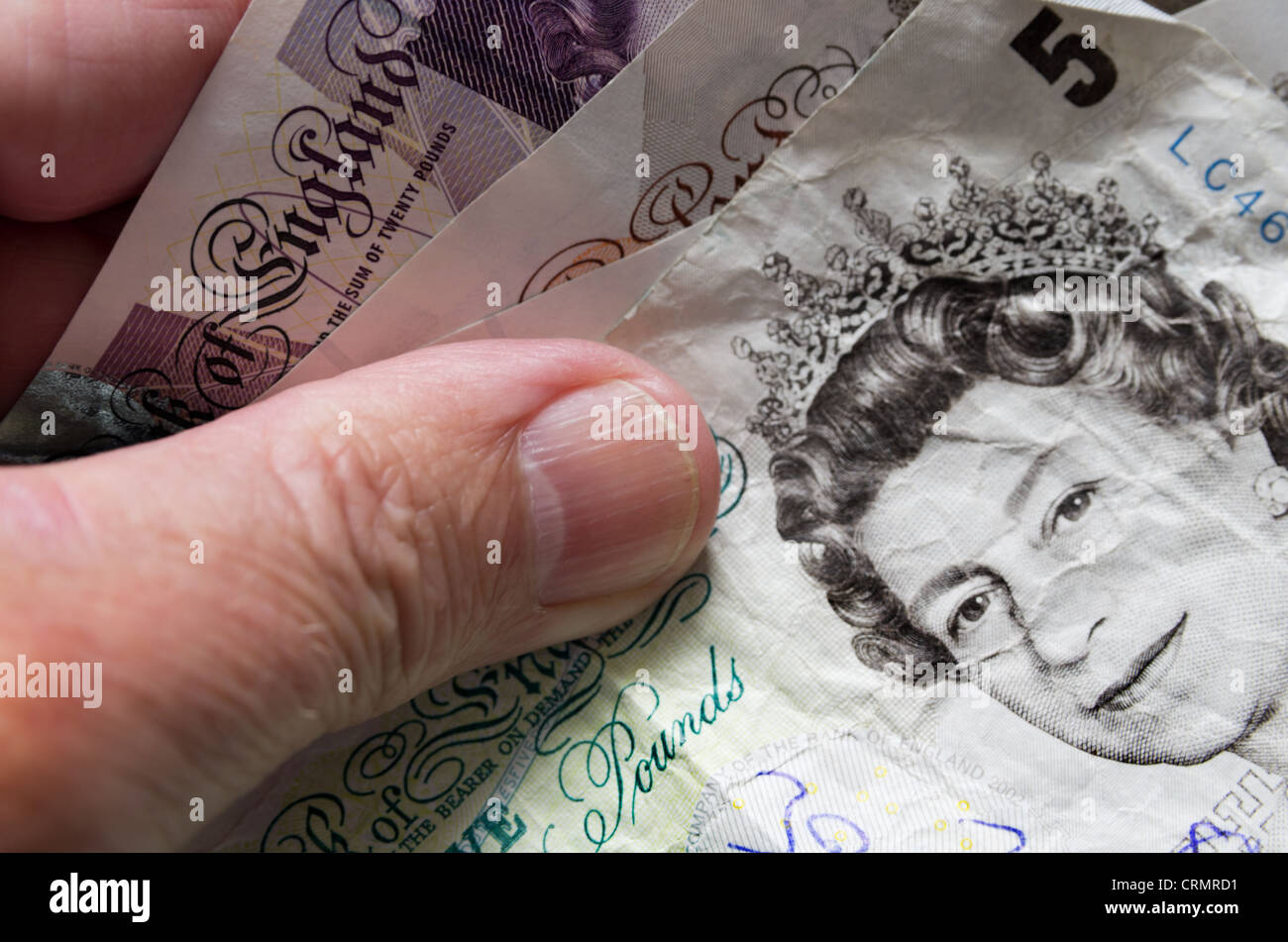 English currency paper money notes of £20, £10 and £5 denominations ...