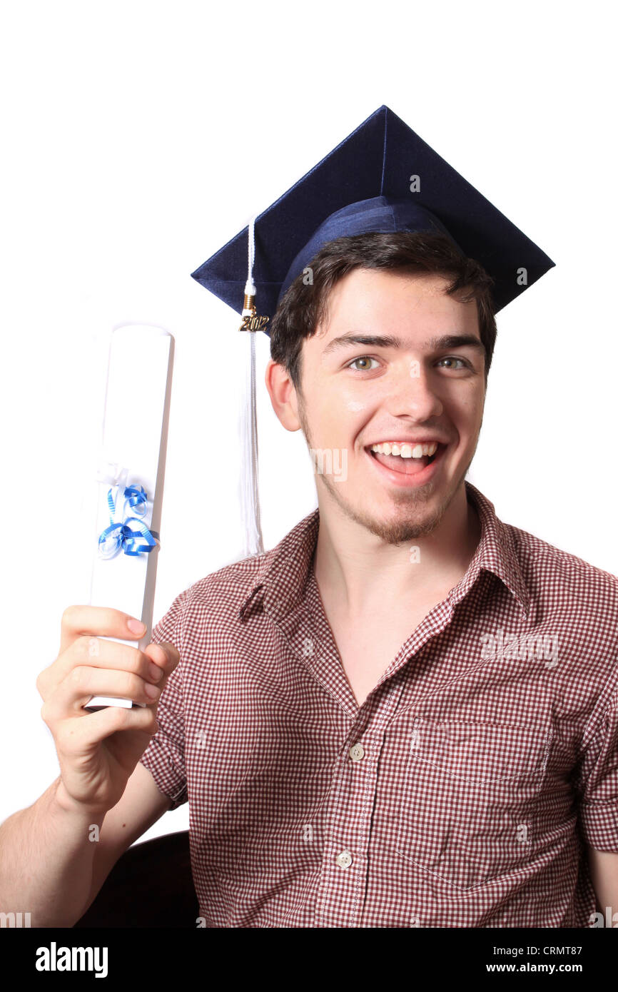 High school male graduate with blue cap and diploma with ribbon ...