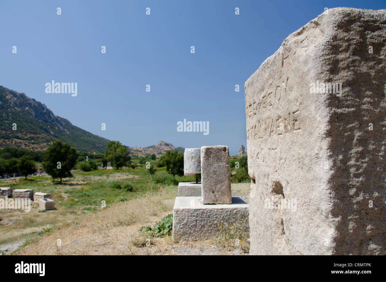 Turkey, Ephesus. Ancient milestones, carved with inscriptions, used by ...