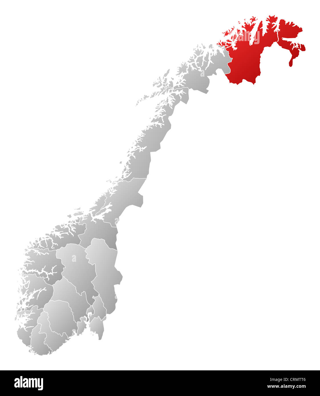 Political map of Norway with the several counties where Finnmark is ...