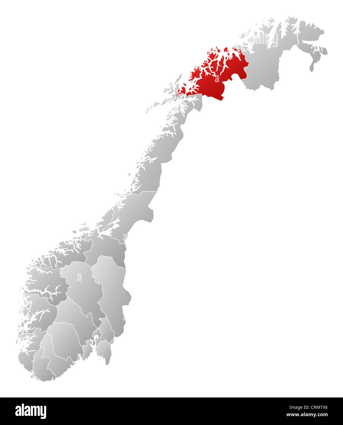 Political map of Norway with the several counties where Troms is ...