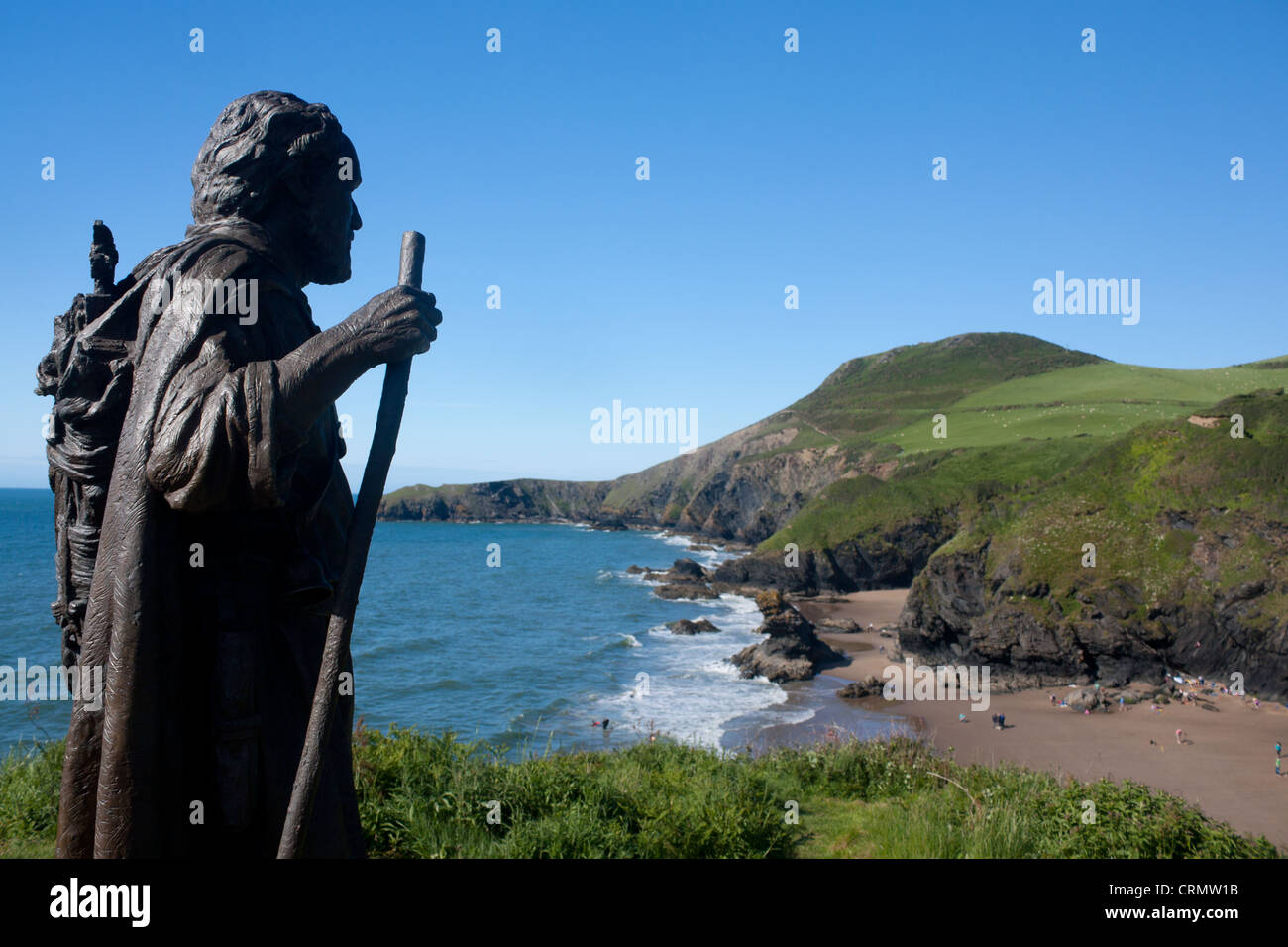 Sebastien Boyesen's statue of St Caranog overlooking beaches and cliffs ...