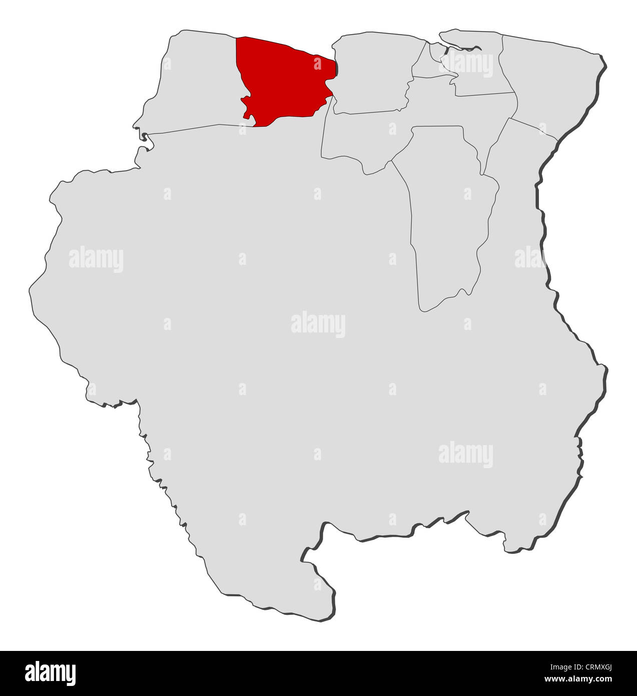 Political map of Suriname with the several districts where Coronie is ...