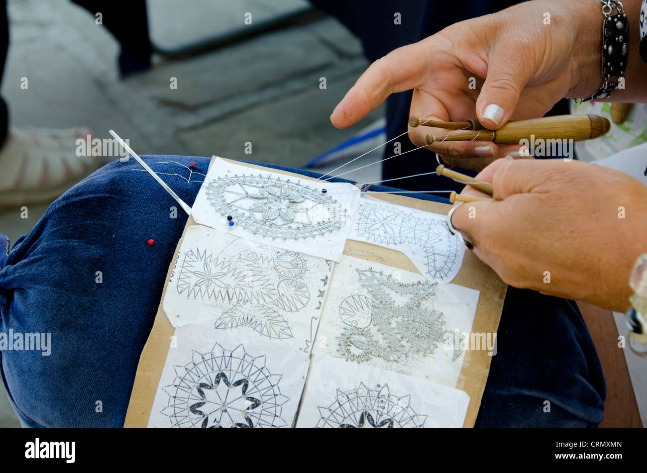 Bulgaria, Nessebur. Traditional Bulgarian lace hand made with tiny ...
