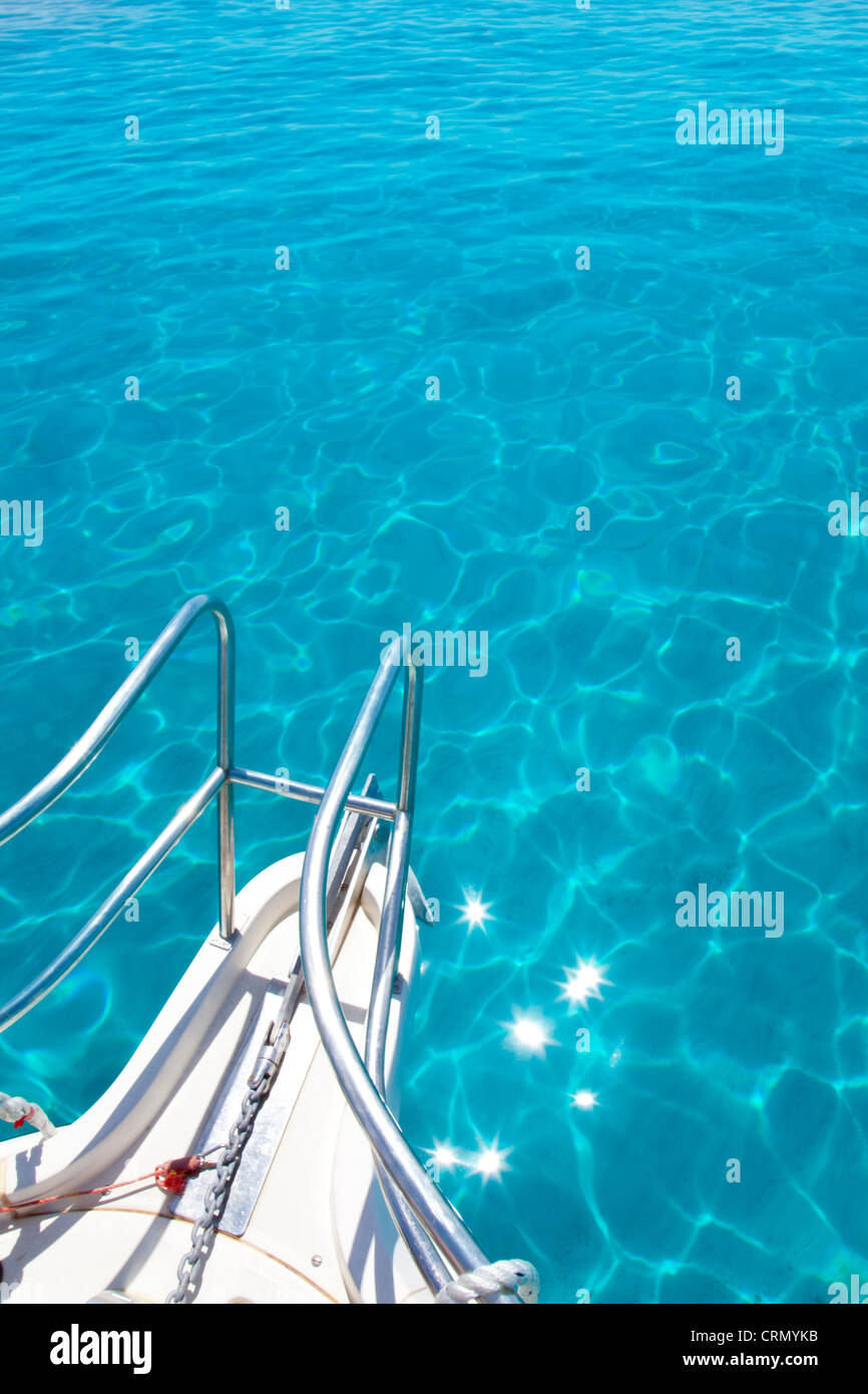 Balearic blue clean turquoise water from boat bow high angle view Stock ...